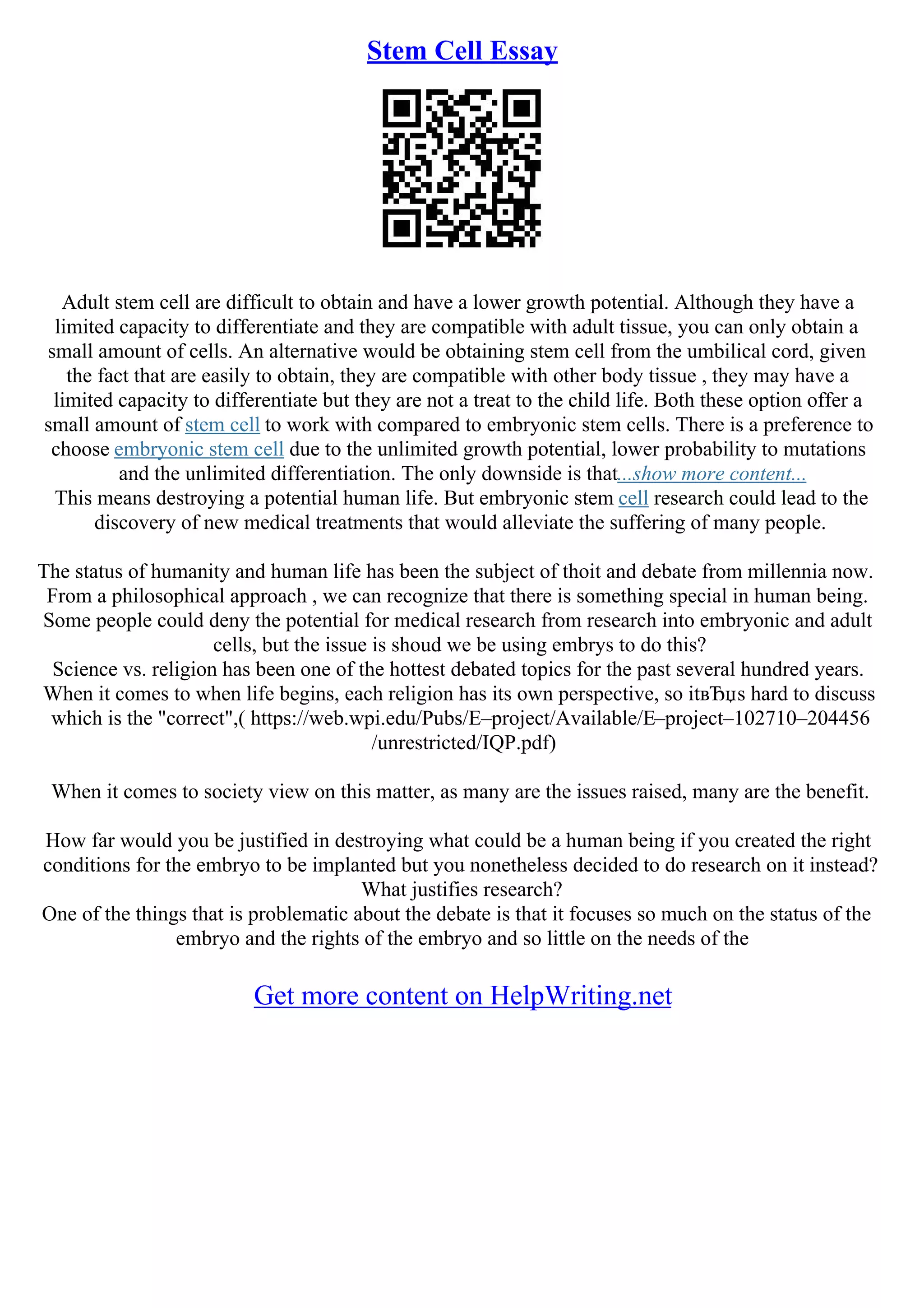 Stem Cell Essay Outline | PDF