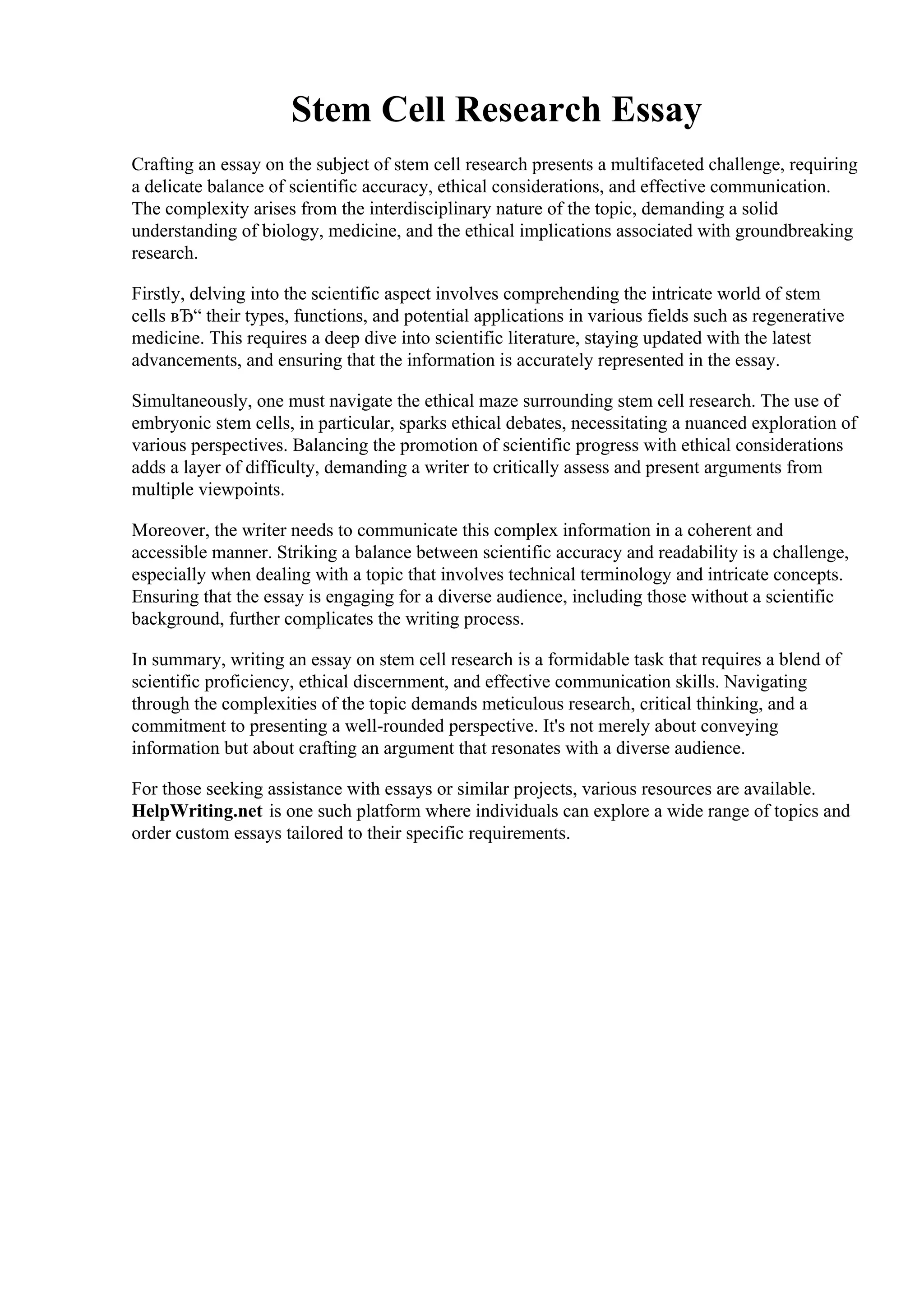 Stem Cell Research Essay | PDF