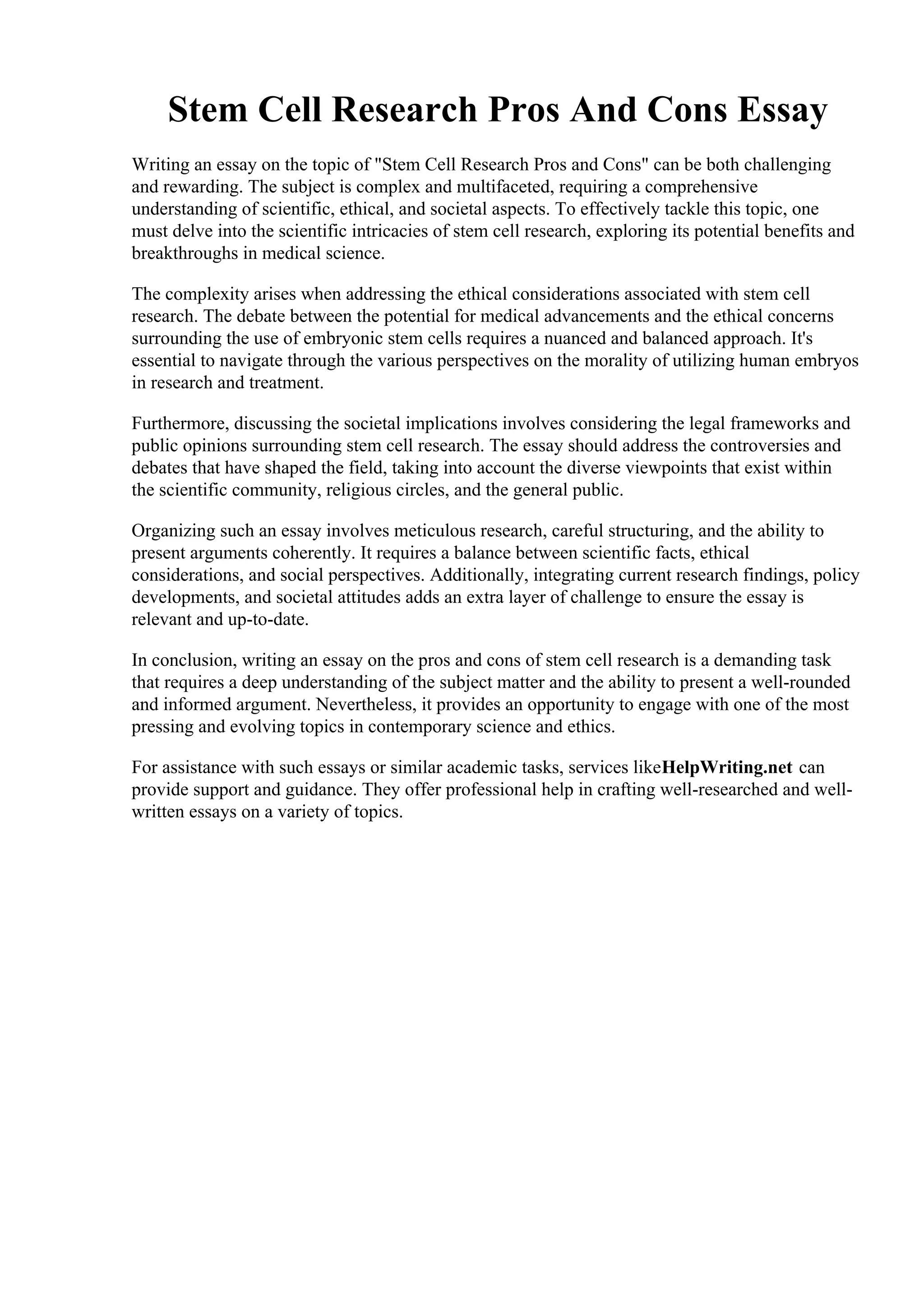 Stem Cell Research Pros And Cons Essay | PDF