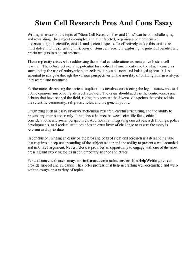 Stem Cell Research Pros And Cons Essay | PDF