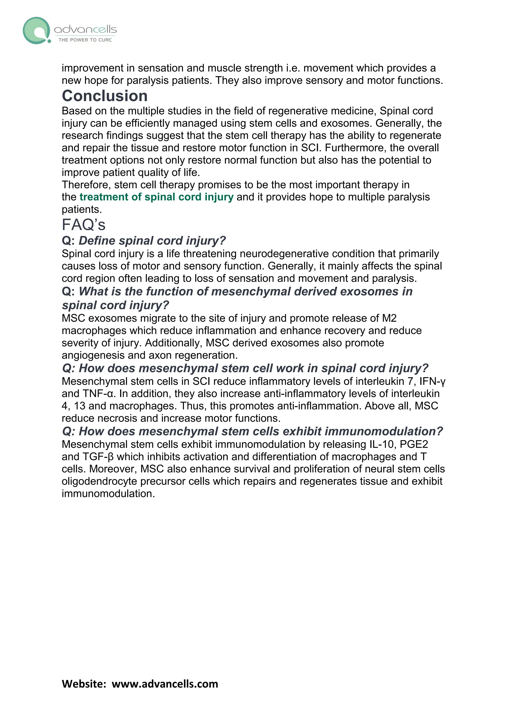 Stem Cell Therapy For Spinal Cord Injury: Hope For Paralyzed Patients | PDF