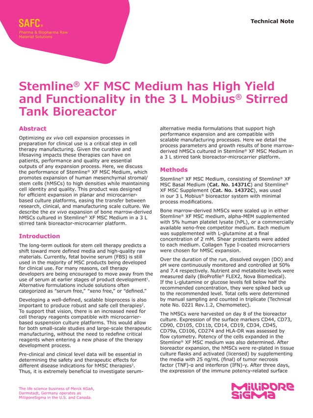 Stemline® XF MSC Medium has High Yield and Functionality in the 3 L ...