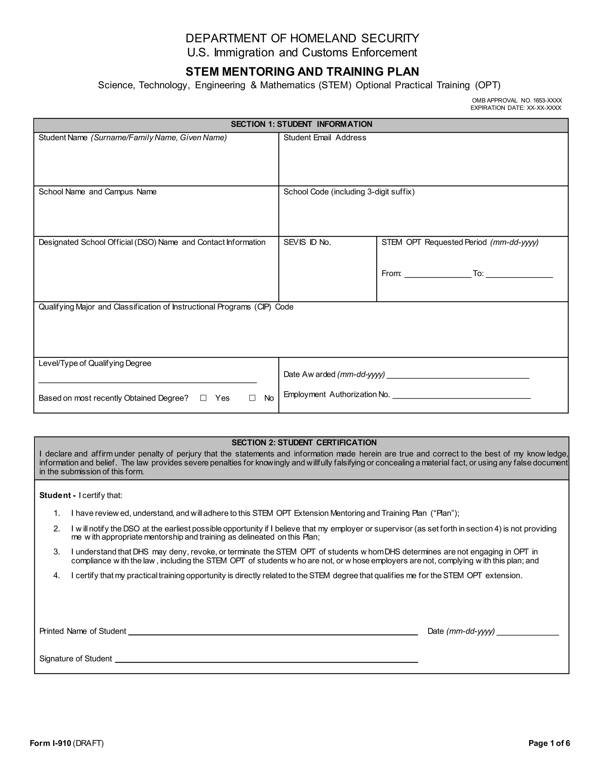 STEM OPT Extension - Mentor and Training Plan Form and Template | DOCX