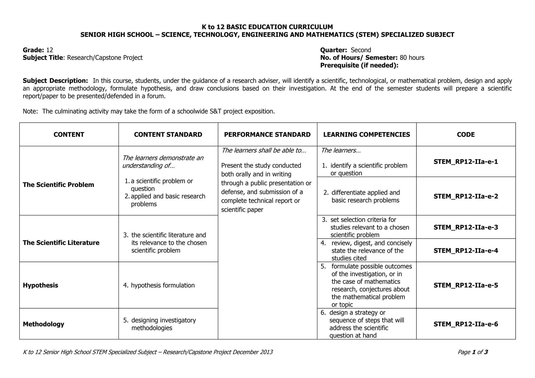 Stem research or capstone project cg 1 | PDF