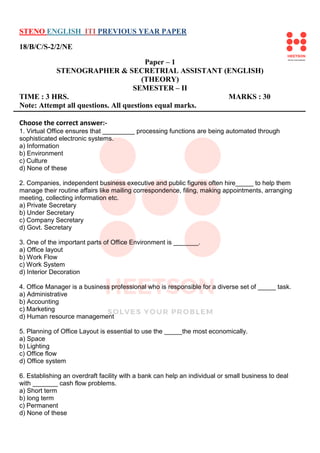 ITI Steno English Question Papers Previous Years | PDF