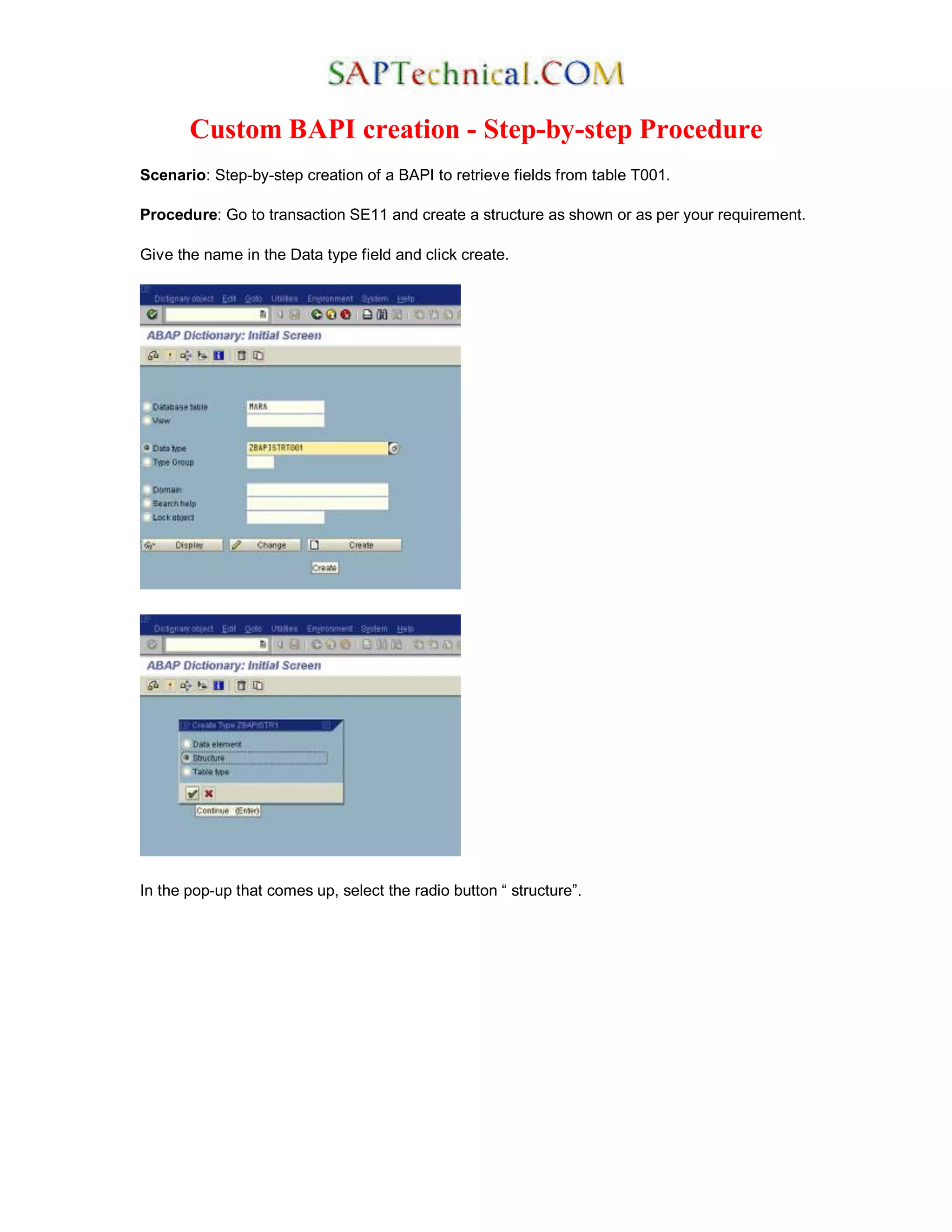 Step by-step creation of a bapi in detailed steps with scr… | PDF