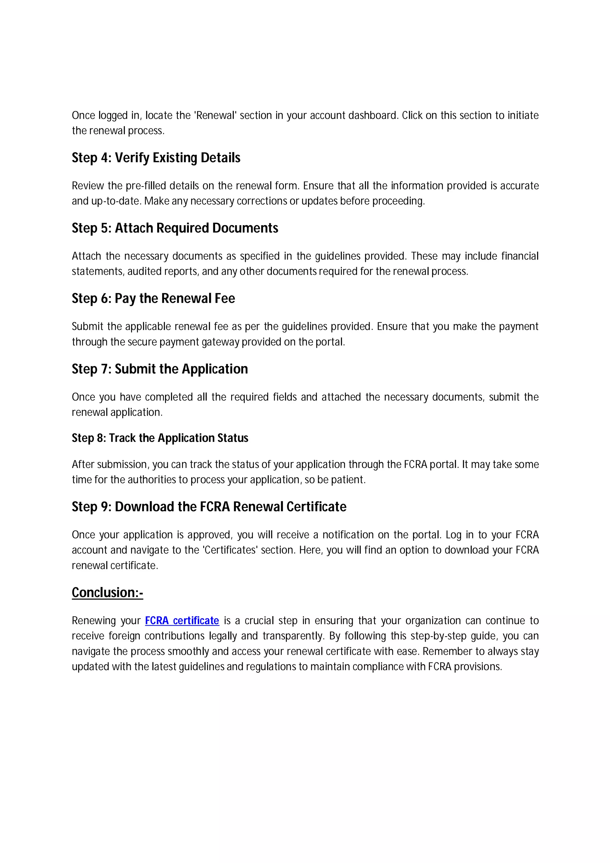 Step-by-Step Guide- FCRA Renewal Certificate Download Process | PDF