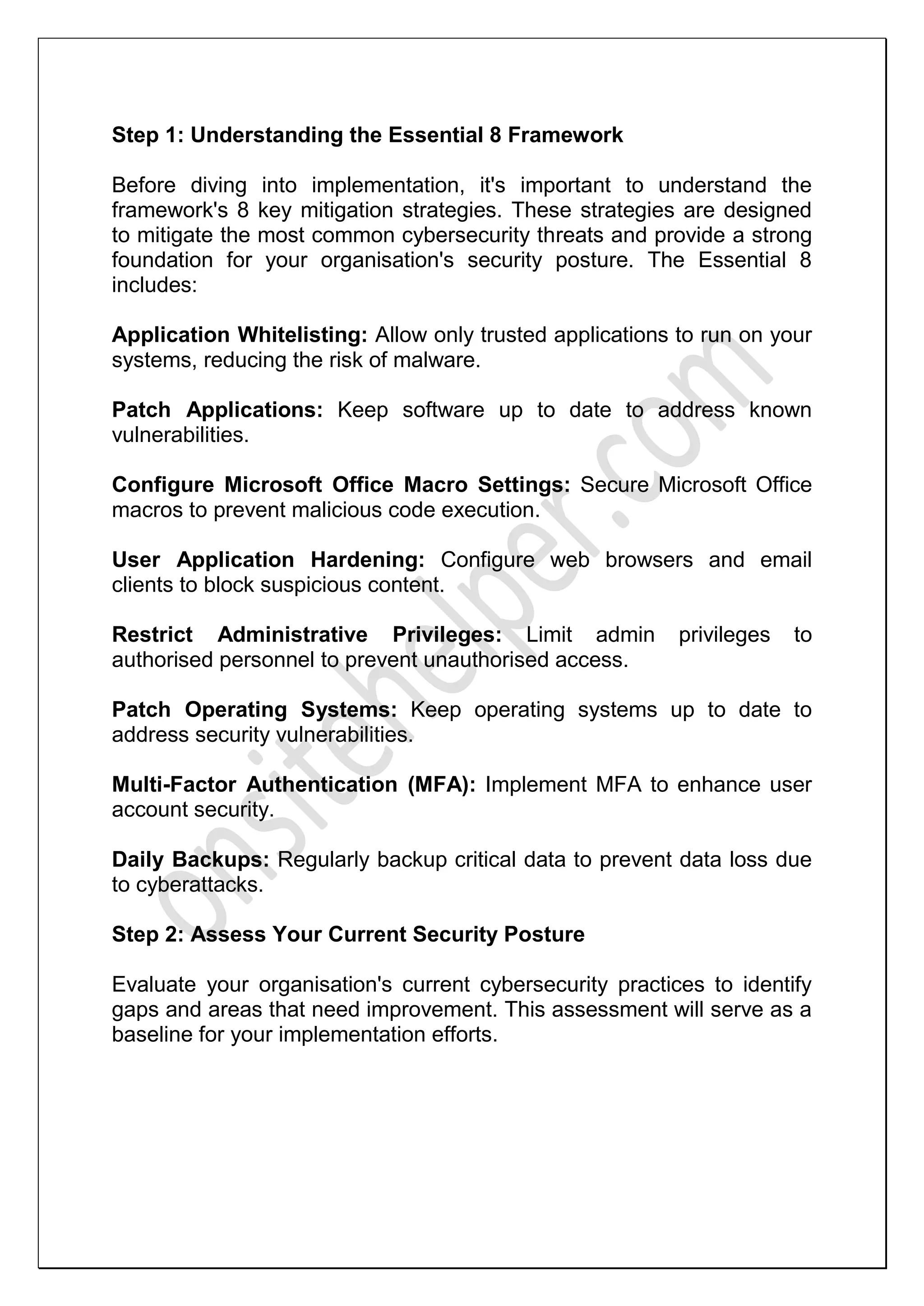 Step-by-Step Implementation of the Essential 8 Cybersecurity Framework | PDF