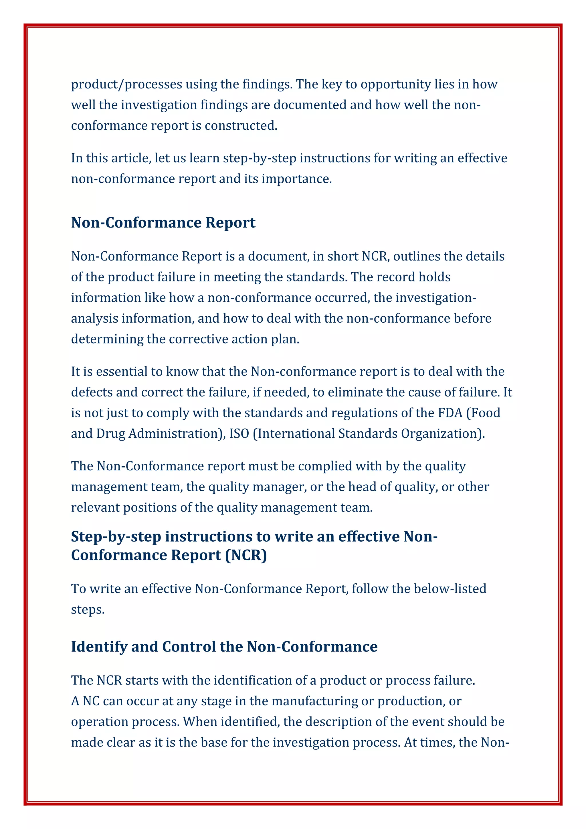 Step by-step instructions to write a non-conformance report | PDF
