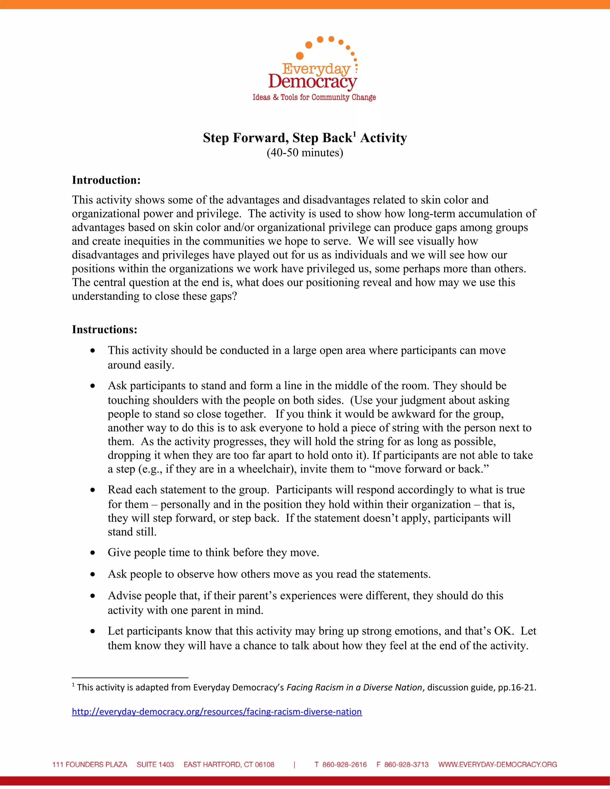 Step Forward, Step Back Racial Equity Activity | DOC
