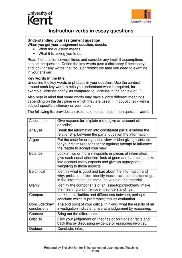 Instruction Verbs in Essay Questions | PDF