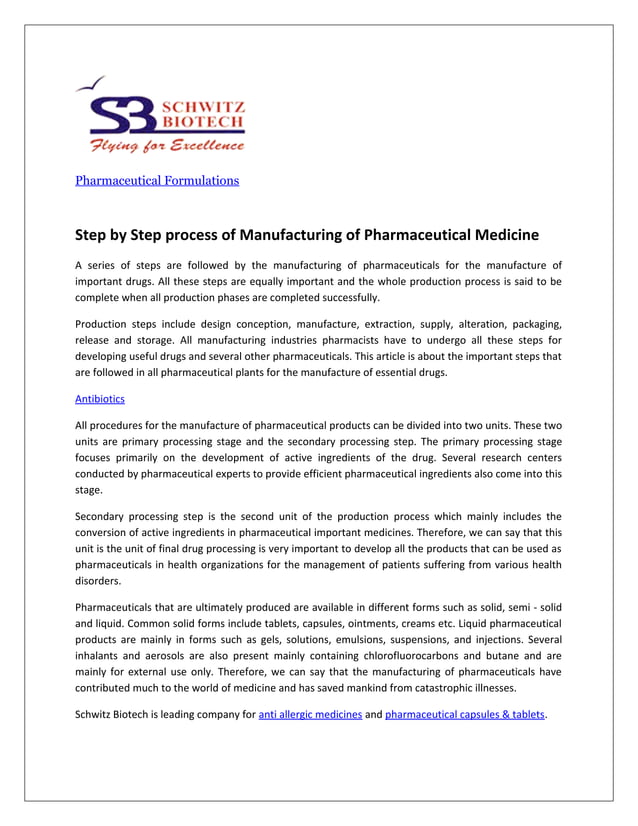 Step by Step process of Manufacturing of Pharmaceutical Medicine | DOC