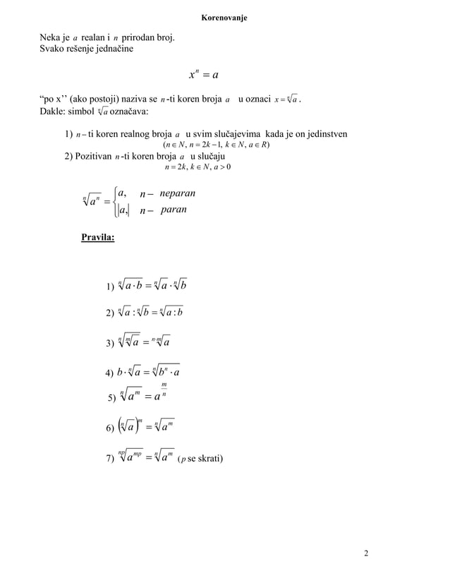 Stepenovanje , korenovanje i kompleksni brojevi formulice(1) | PDF