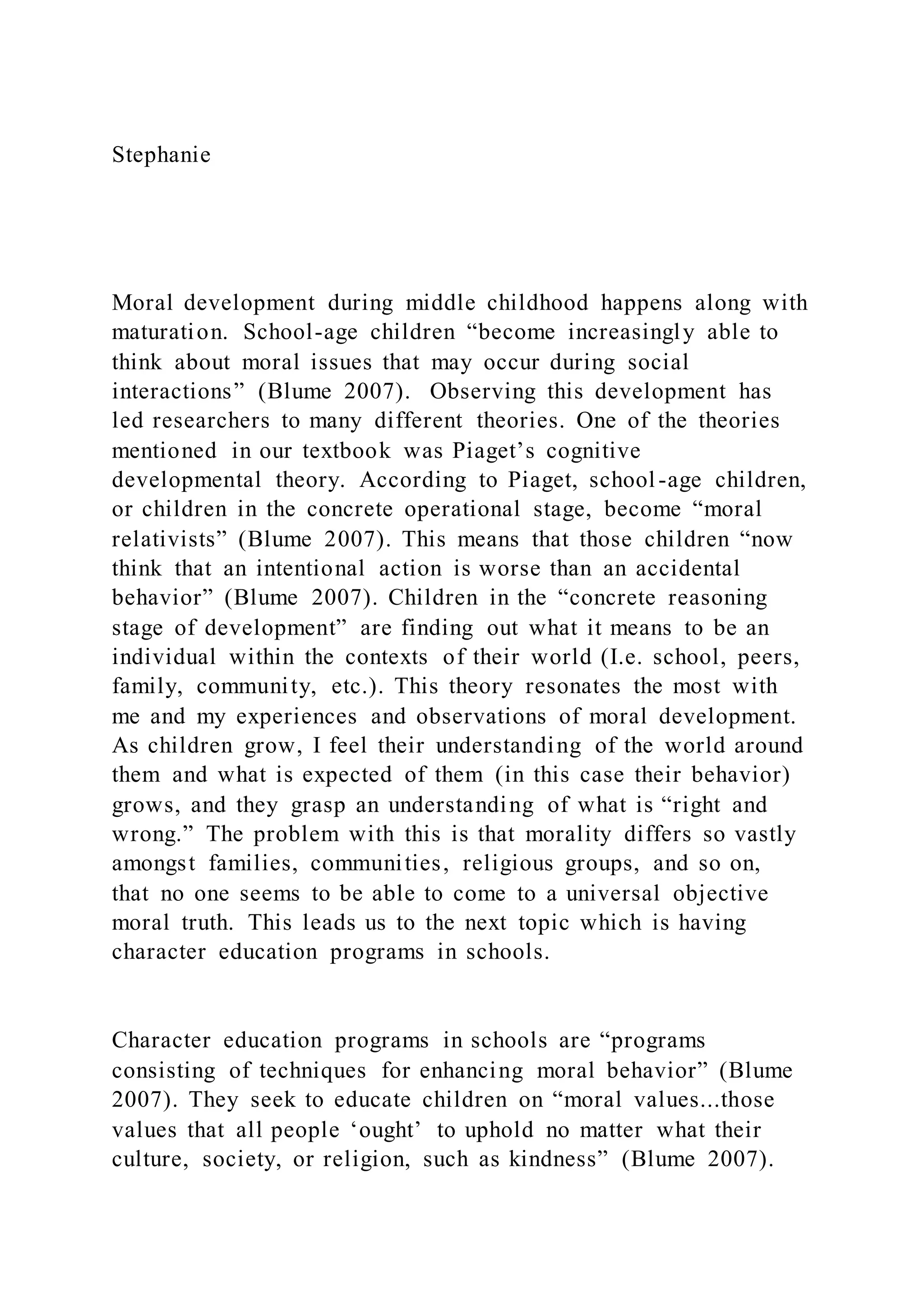 Stephanie Moral development during middle childhood happen | DOCX