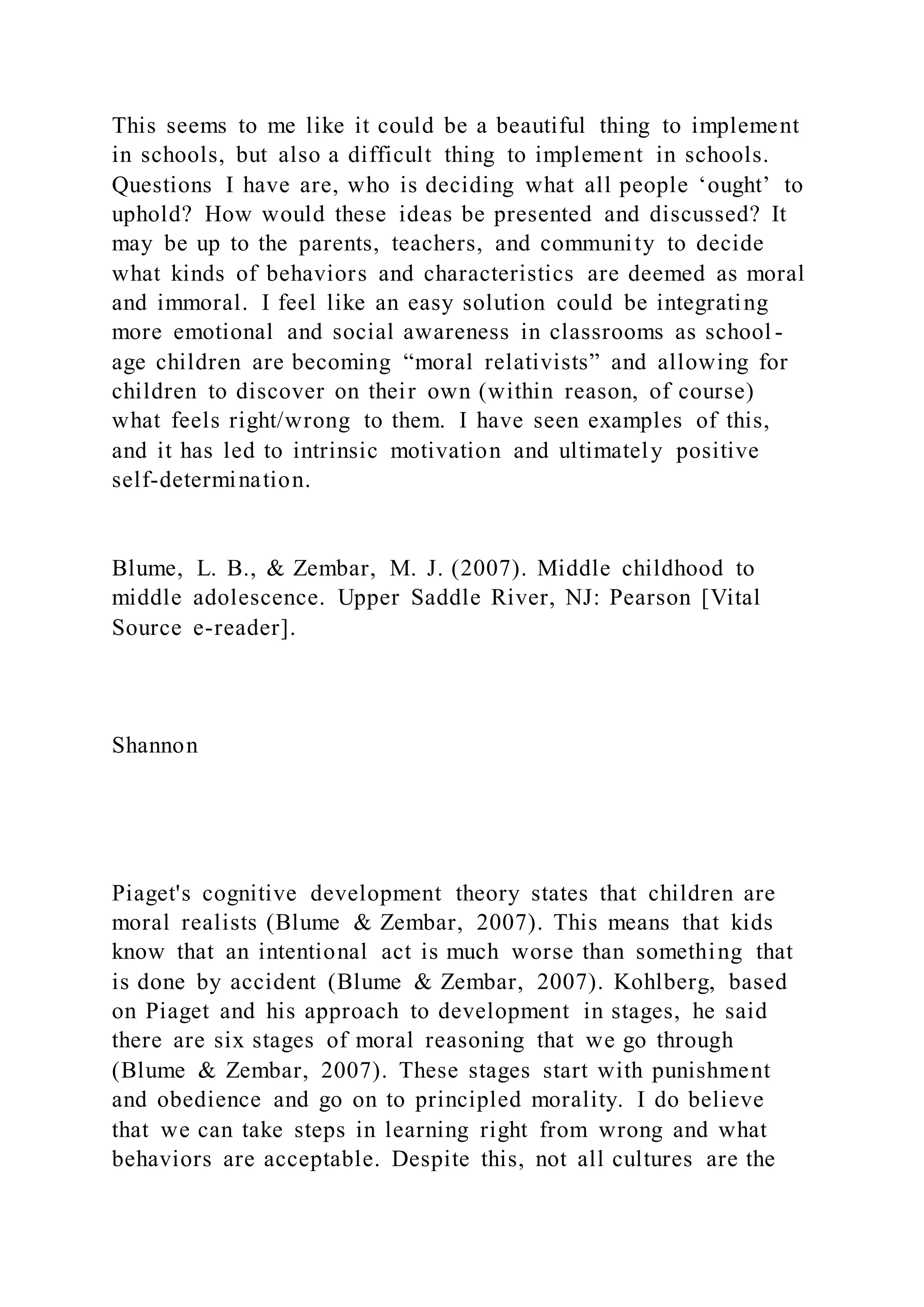 Stephanie Moral development during middle childhood happen | DOCX