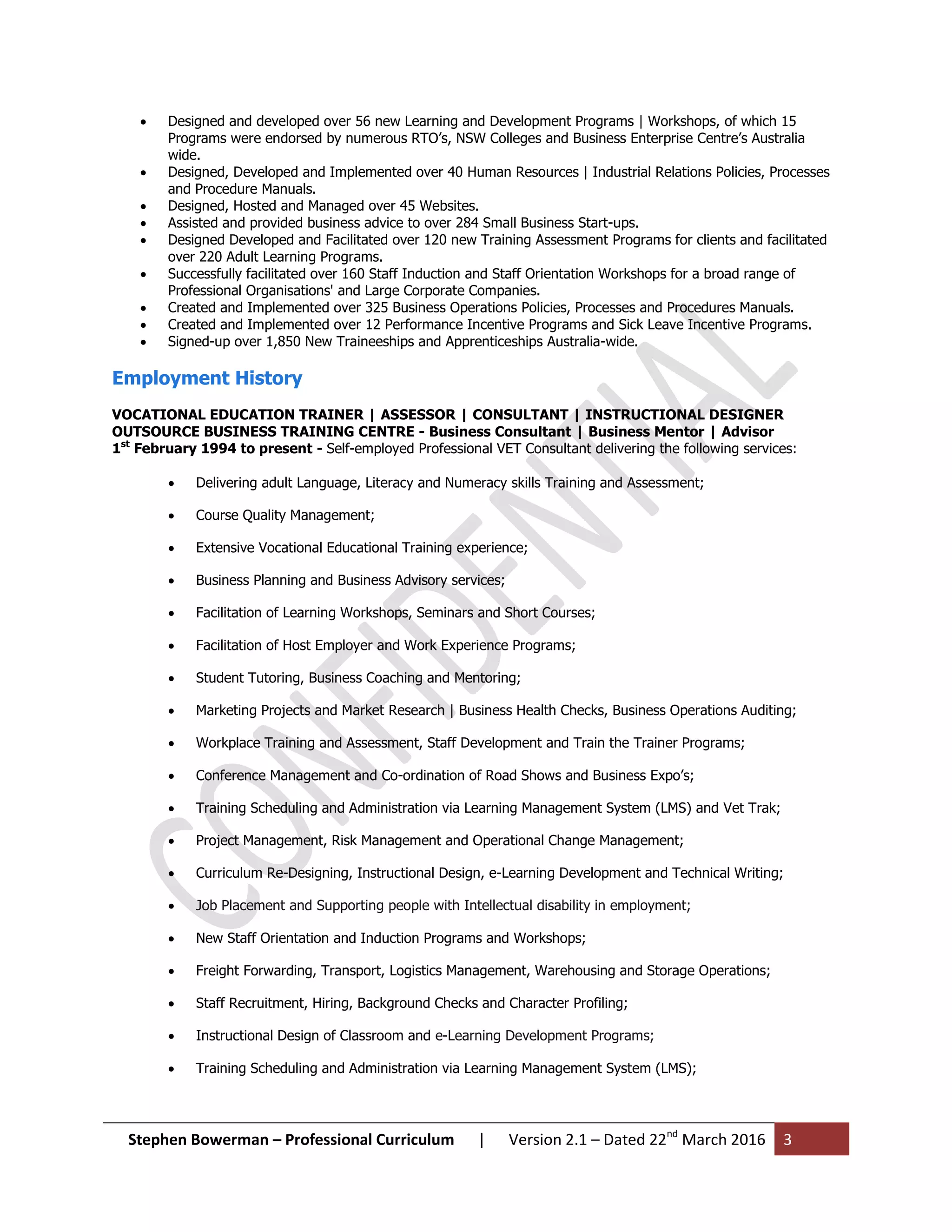 Stephen bowerman professional curriculum vitae 2016 | PDF