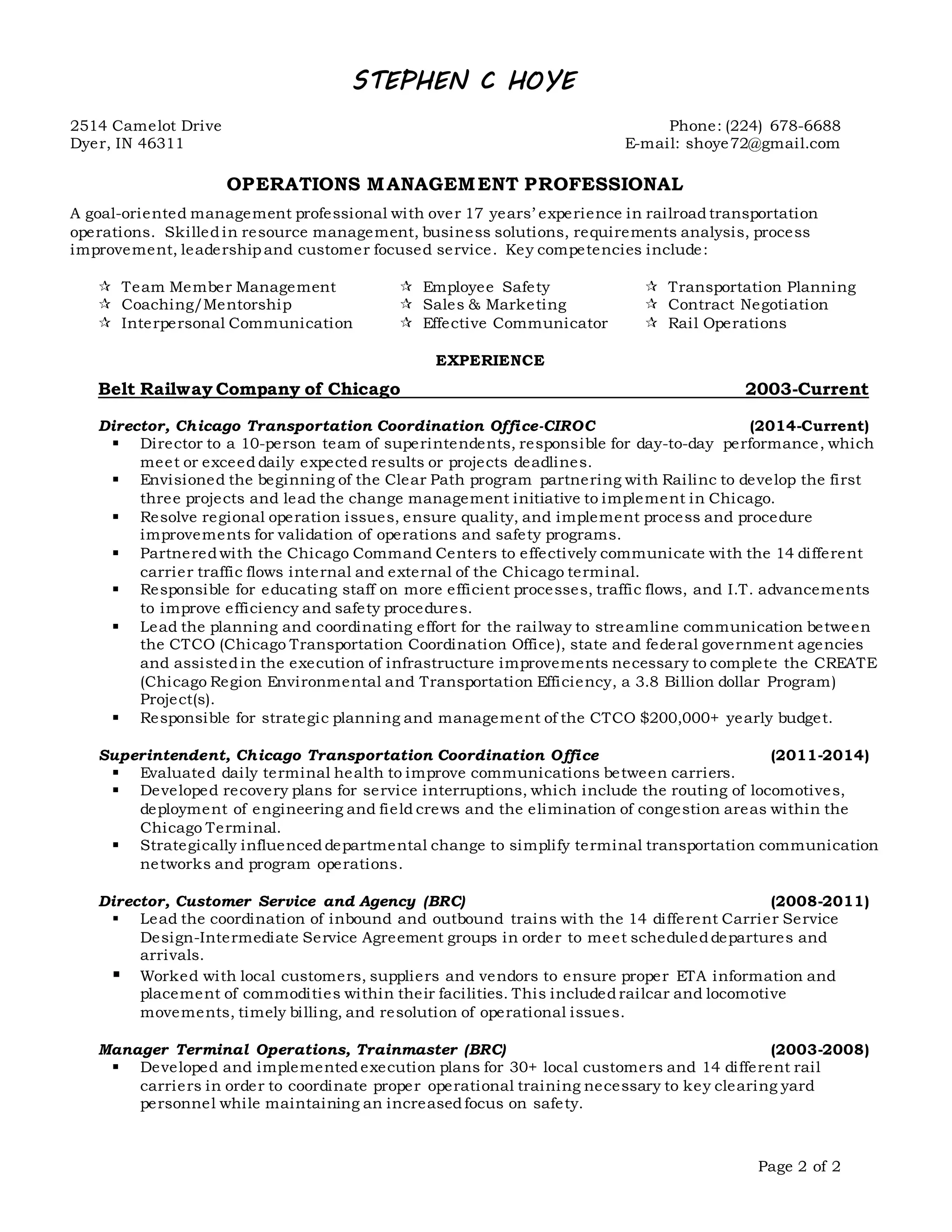 Stephen C Hoye resume August 2016 | DOCX