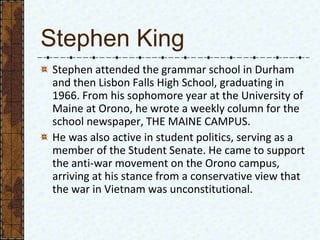 Biography of Stephen King and His Works | PPTX