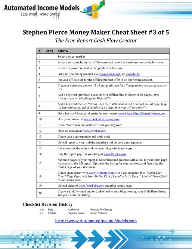 Stephen Pierce Money Maker Cheat Sheet #3 of 5 The Free Report Cash ...