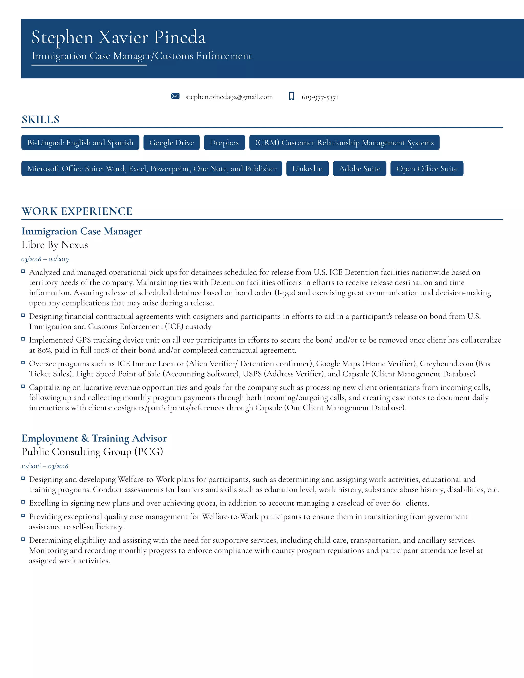 Immigration Case Manager / Customs Enforcement Resume with References ...