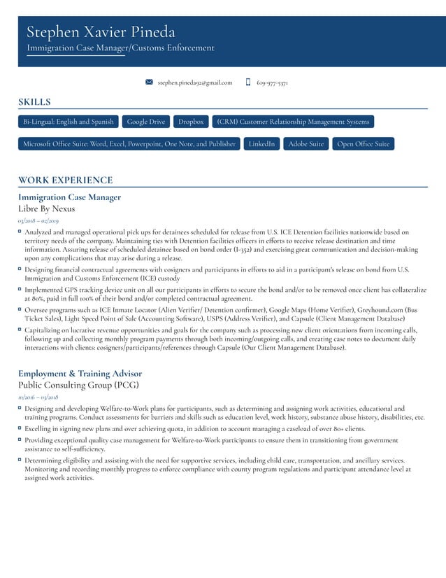 Immigration Case Manager / Customs Enforcement Resume with References ...