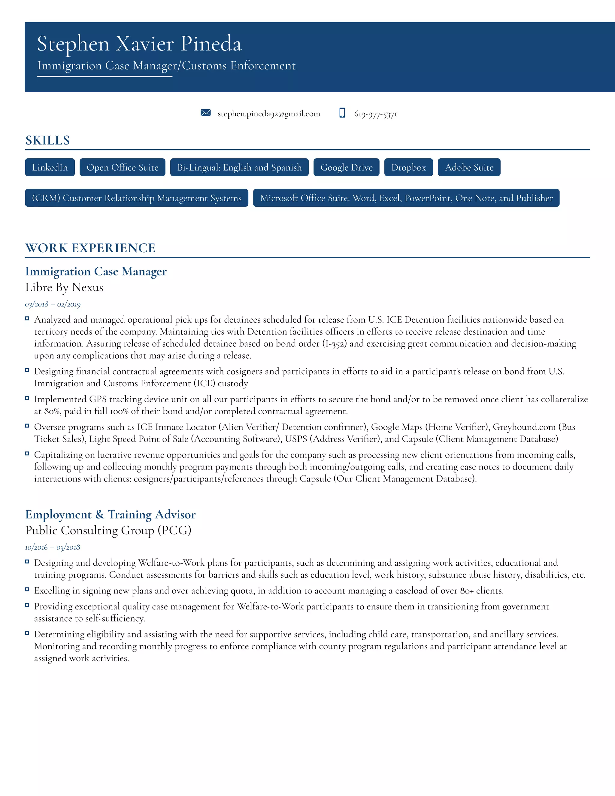 Immigration Case Manager / Customs Enforcement Resume with References | PDF