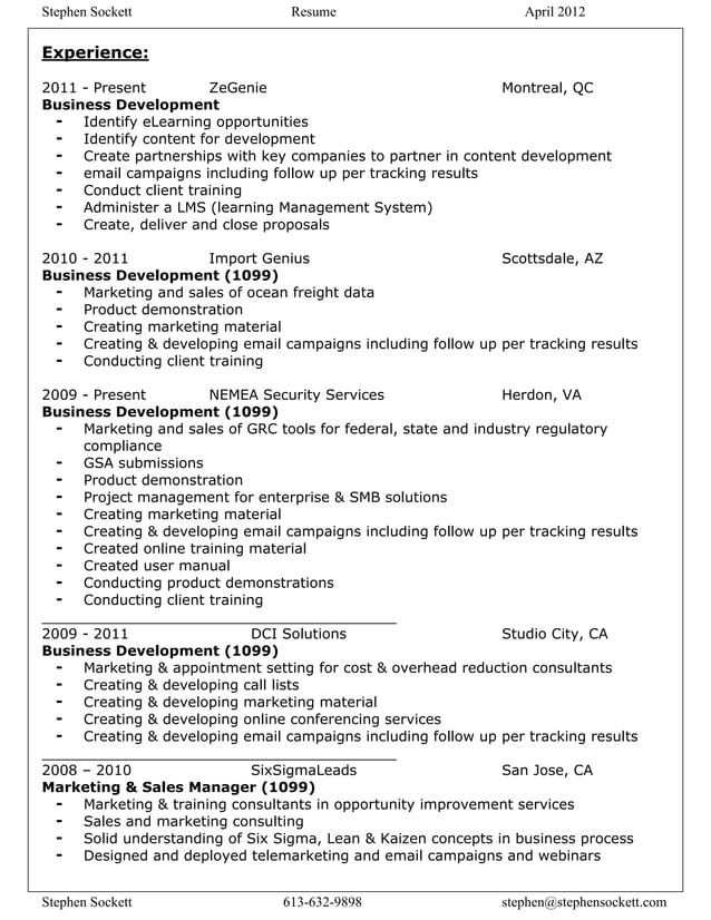 Stephen Sockett Resume 2012 | PDF