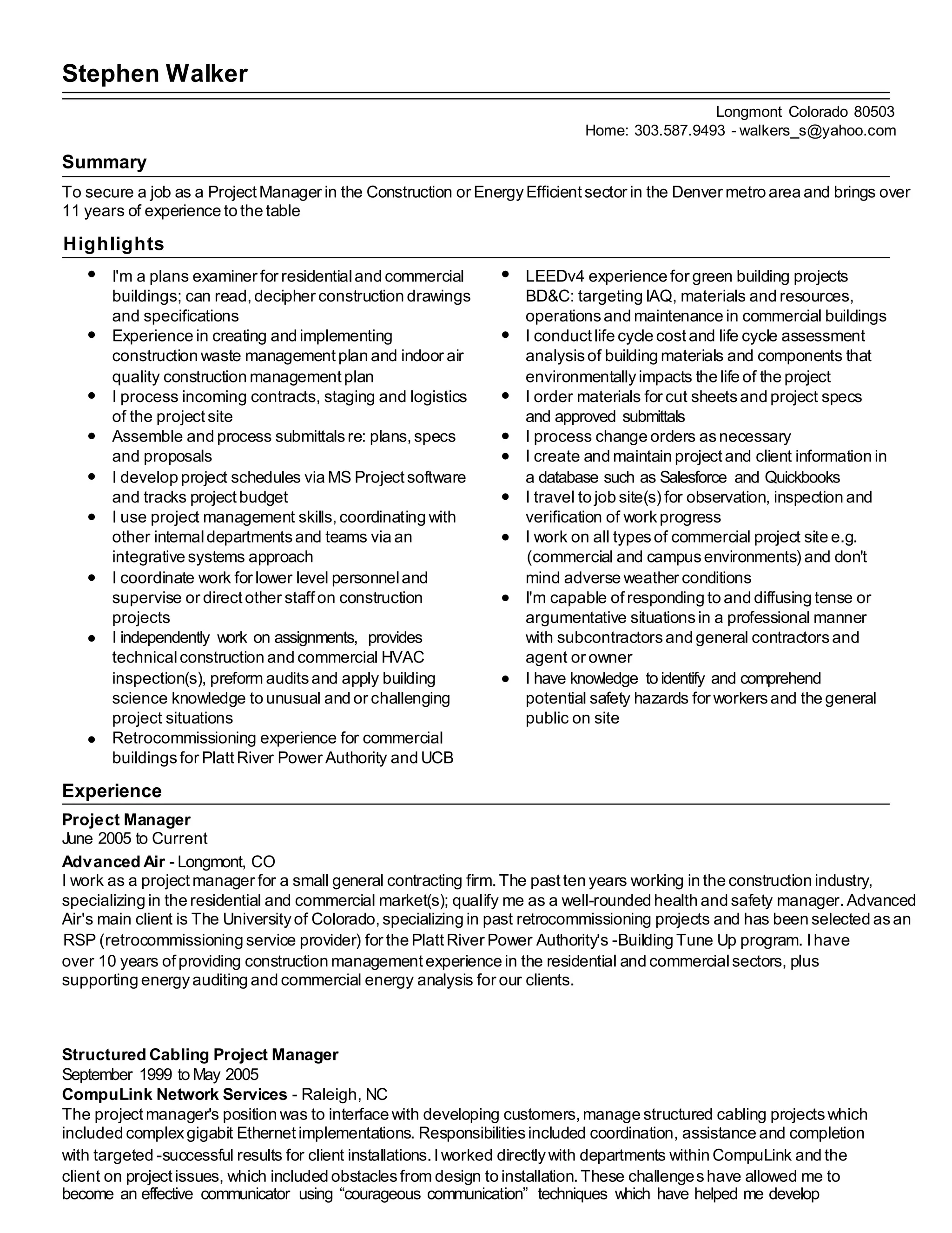 Stephen walker resume new pm | DOCX