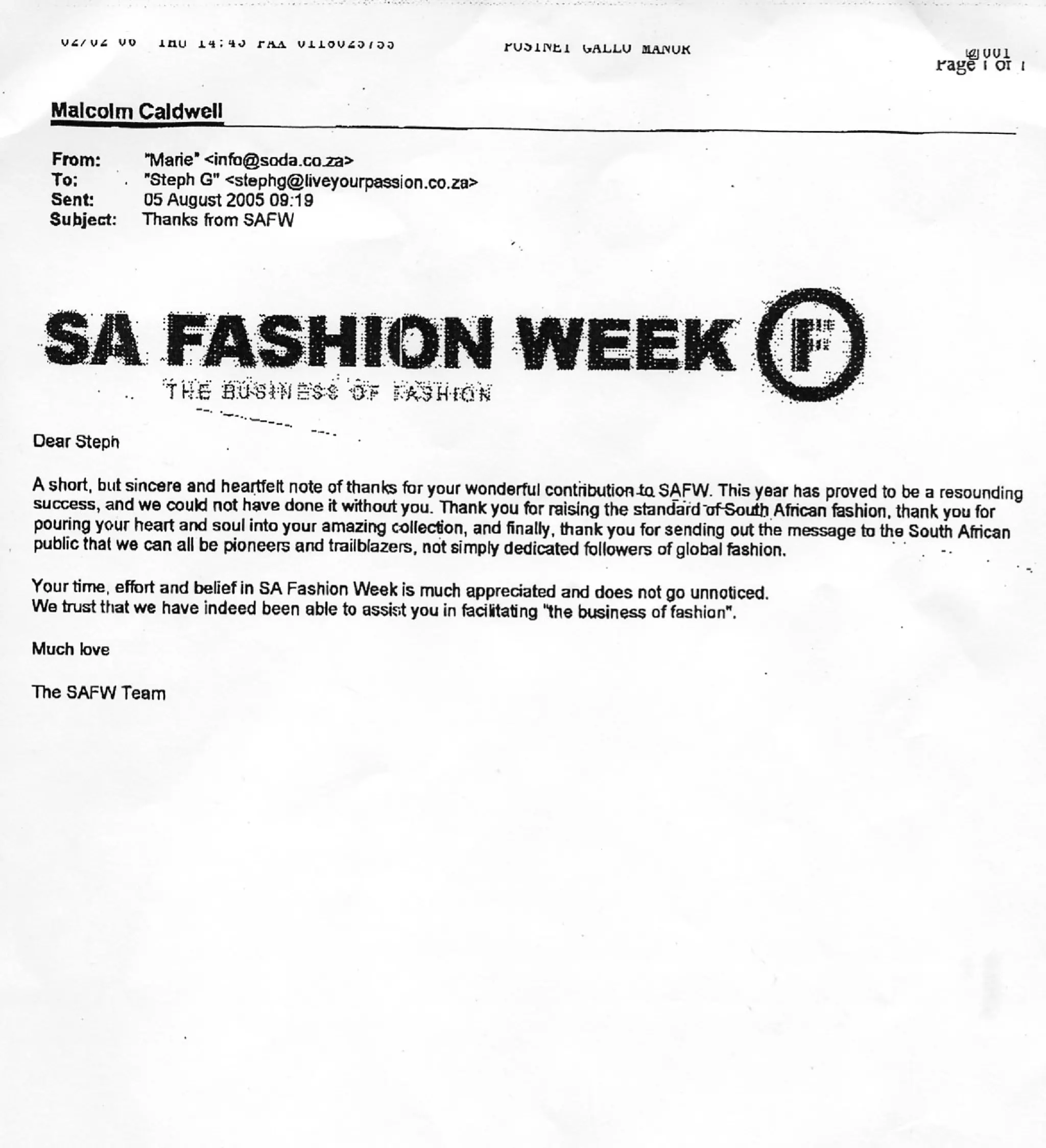 Stephg Rock Couture Sa Fashion Week 2005 Letter Of Congratulations | PDF