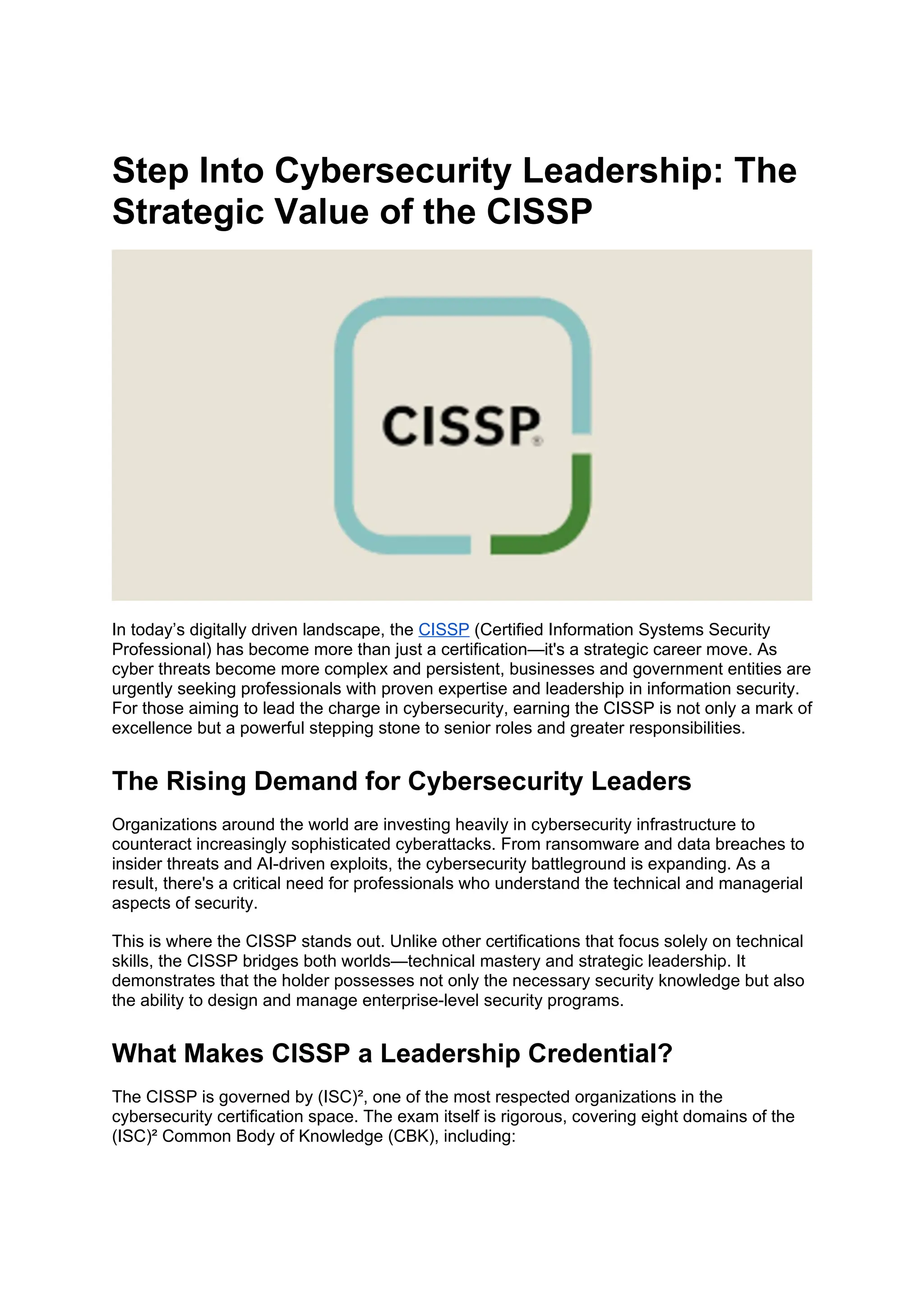Step Into Cybersecurity Leadership: The Strategic Value of the CISSP | PDF