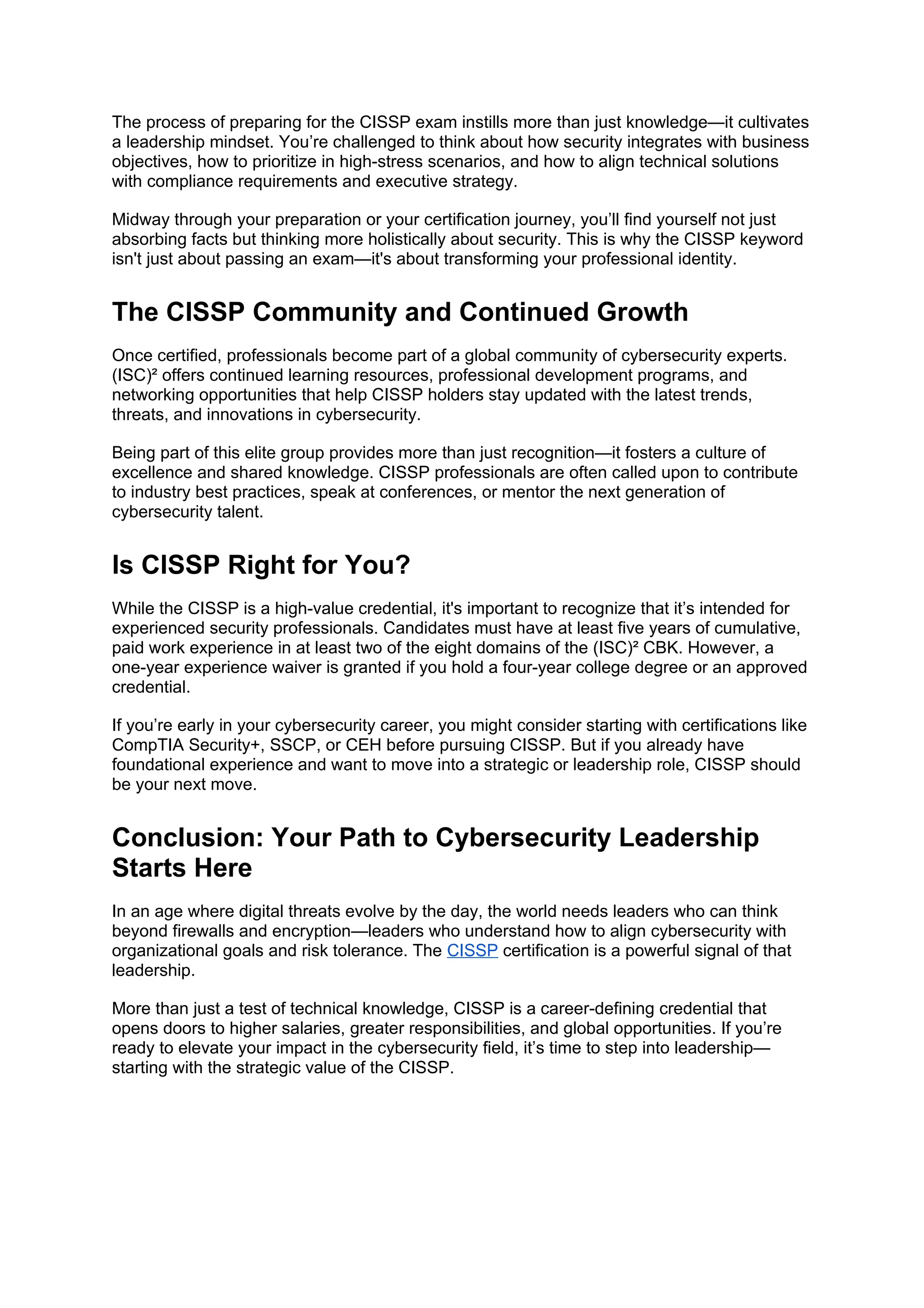 Step Into Cybersecurity Leadership: The Strategic Value of the CISSP | PDF