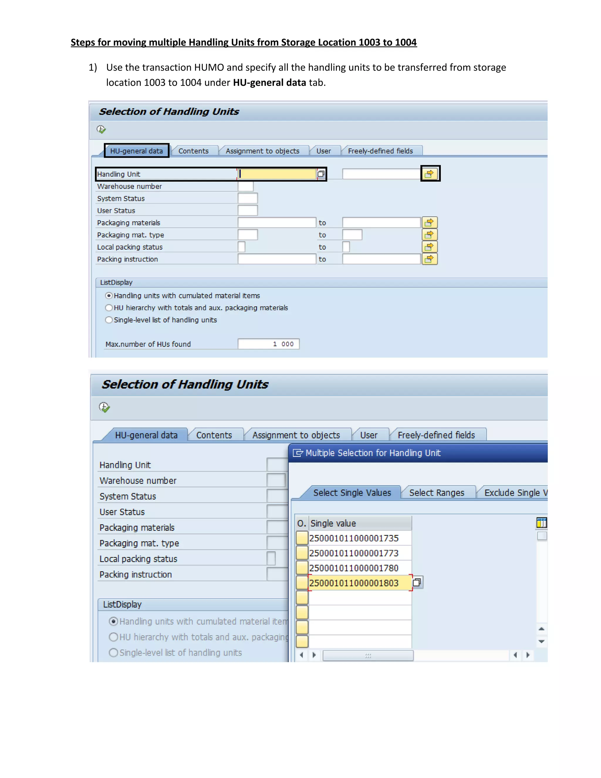 Steps for moving multiple handling units in HUMO (SAP WM) | DOC