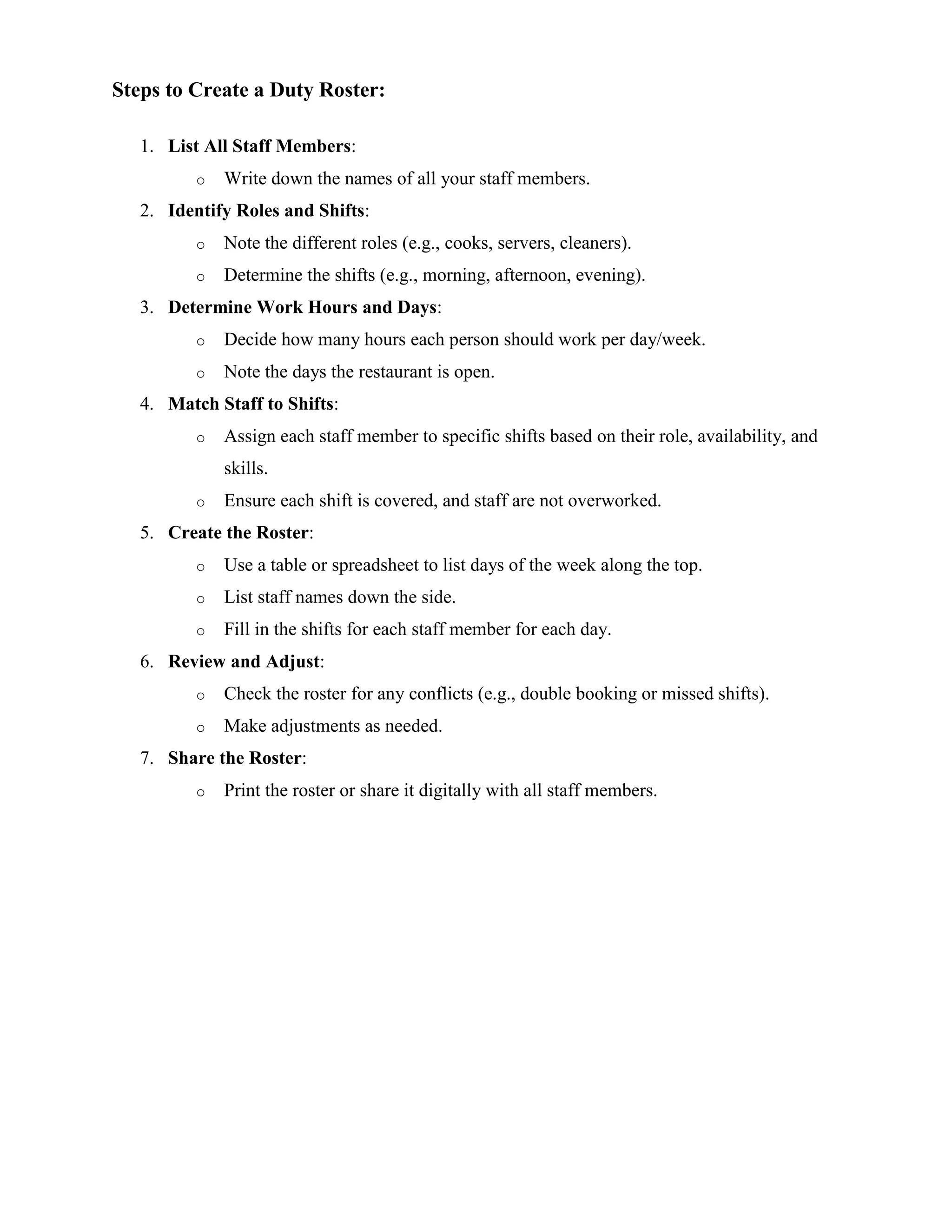 Steps to Create a Duty Roster in restaurant | DOCX