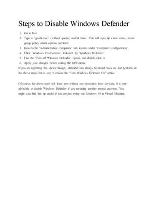 Steps to disable windows defender | DOCX