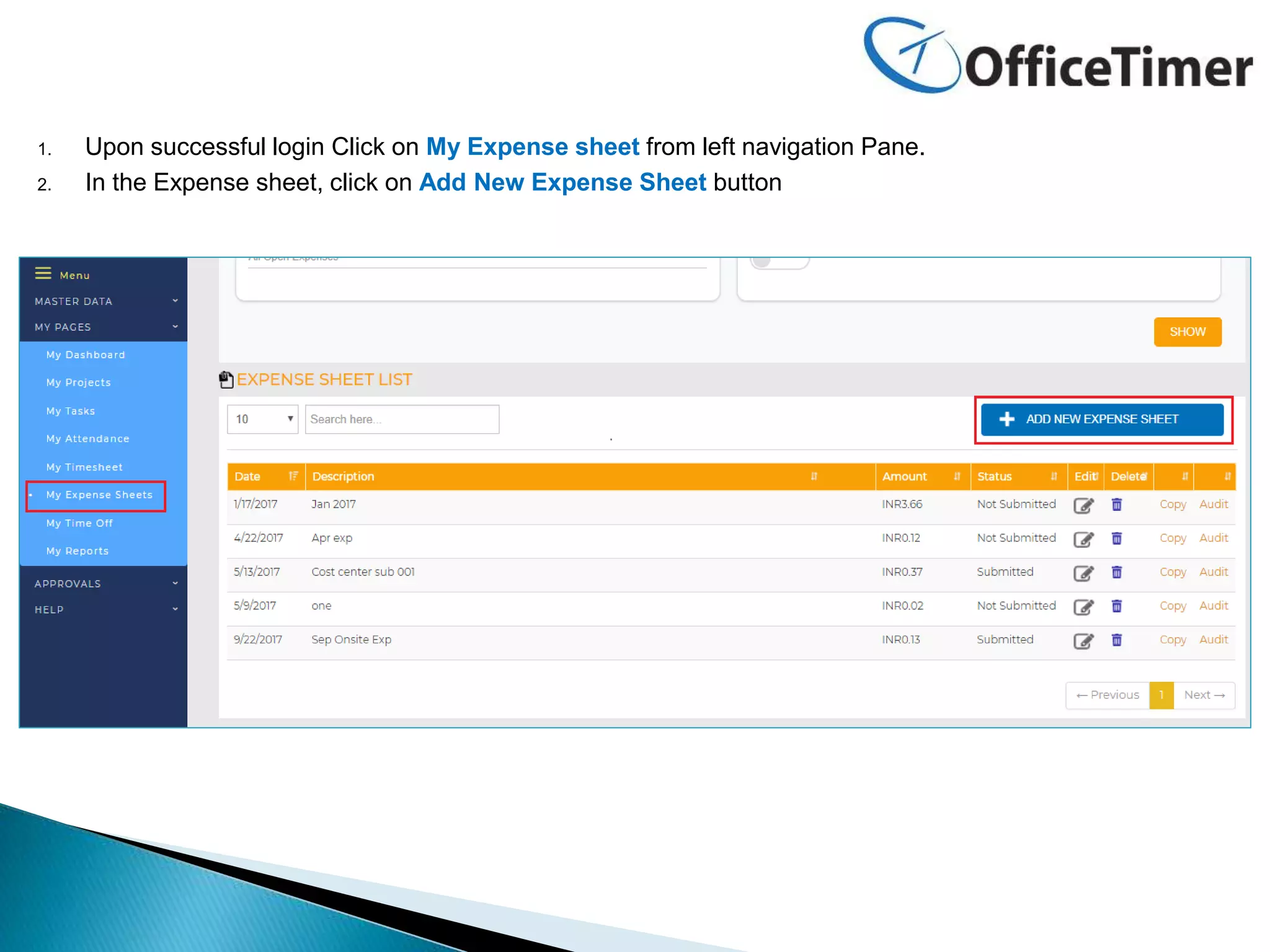 Steps to fill employee expense sheet officetimer | PPTX