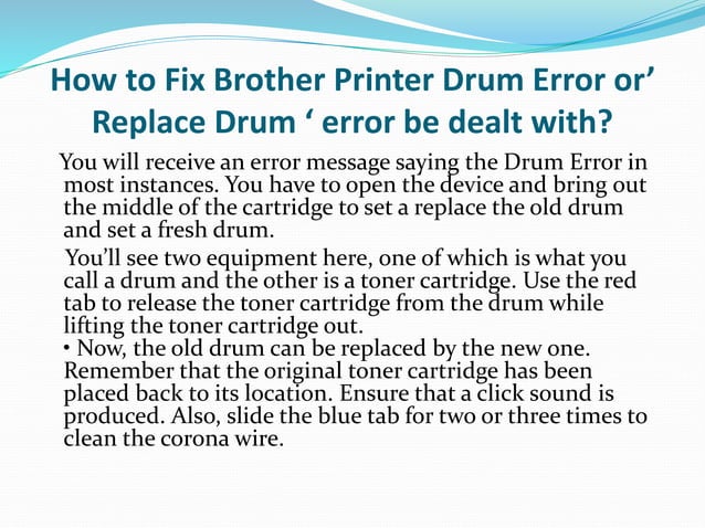 Steps to fix brother printer drum error,slide green tab & slide blue ...