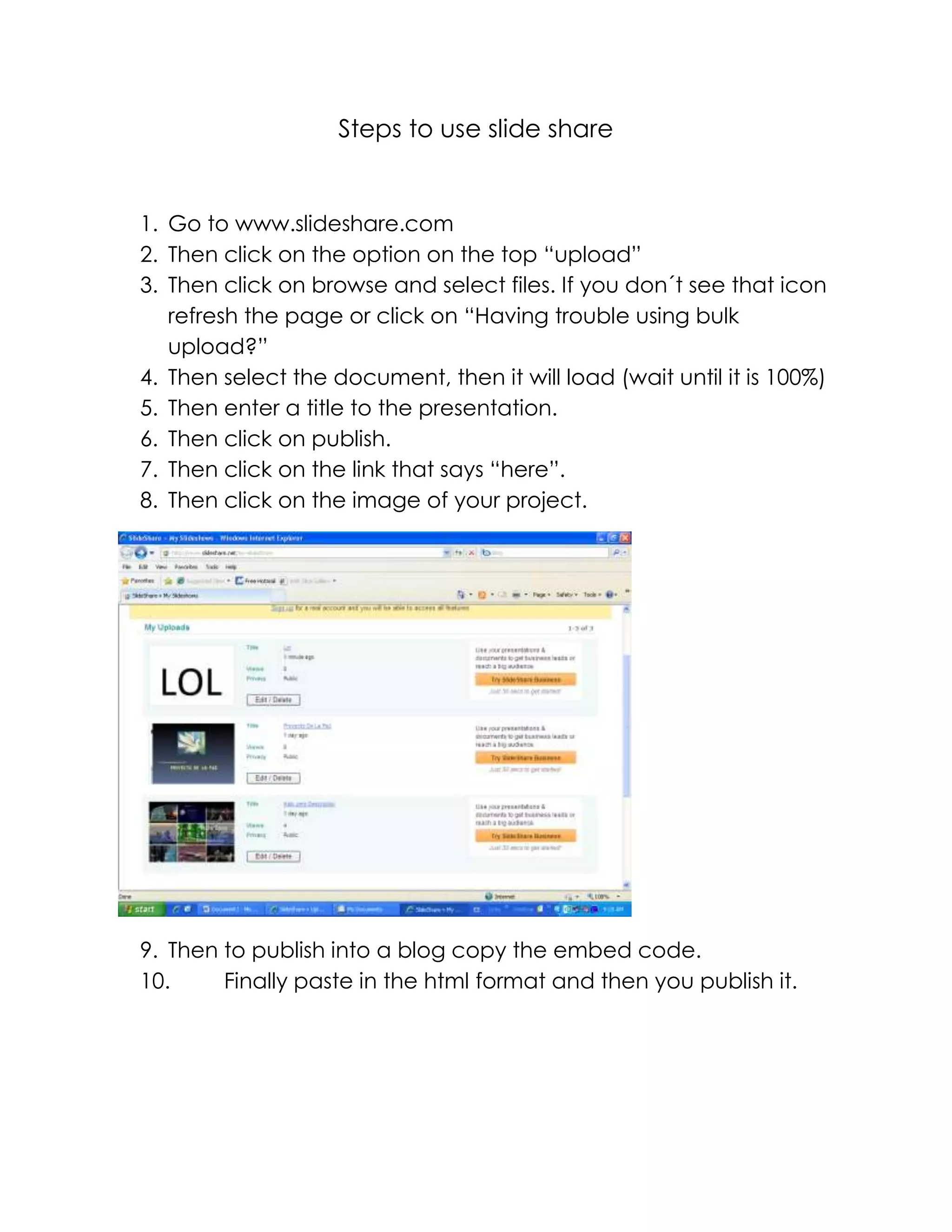 Steps To Use Slide Share | DOCX | Web Design and HTML | Internet