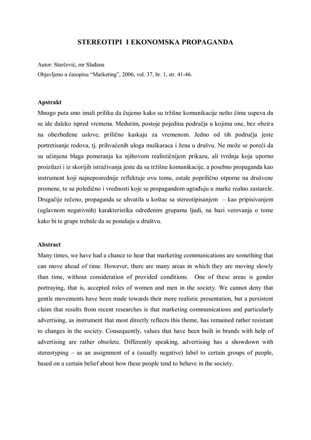 Doc. dr Sladjana Starcevic - Stereotipi i ekonomska propaganda | PDF