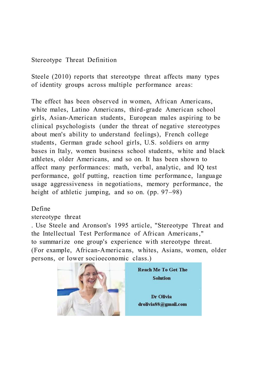 Stereotype Threat DefinitionSteele (2010) reports that stere | DOCX