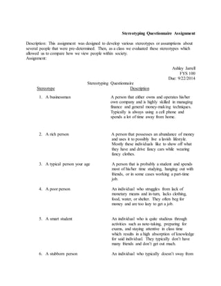 Stereotyping questionnaire -fys 100 | DOCX