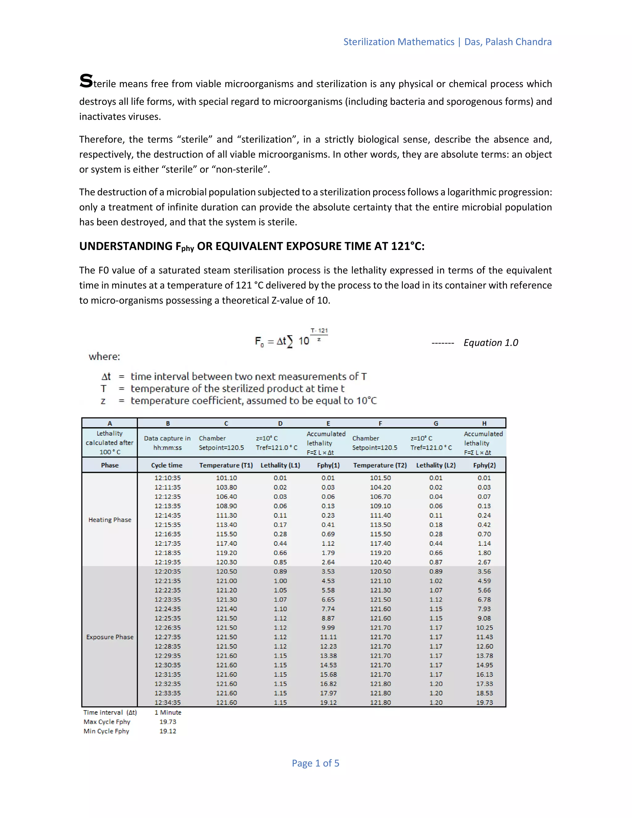 Sterilization mathematics (F0. Fphy, Fbio, Sterility Assurance (SAL) calculation | PDF