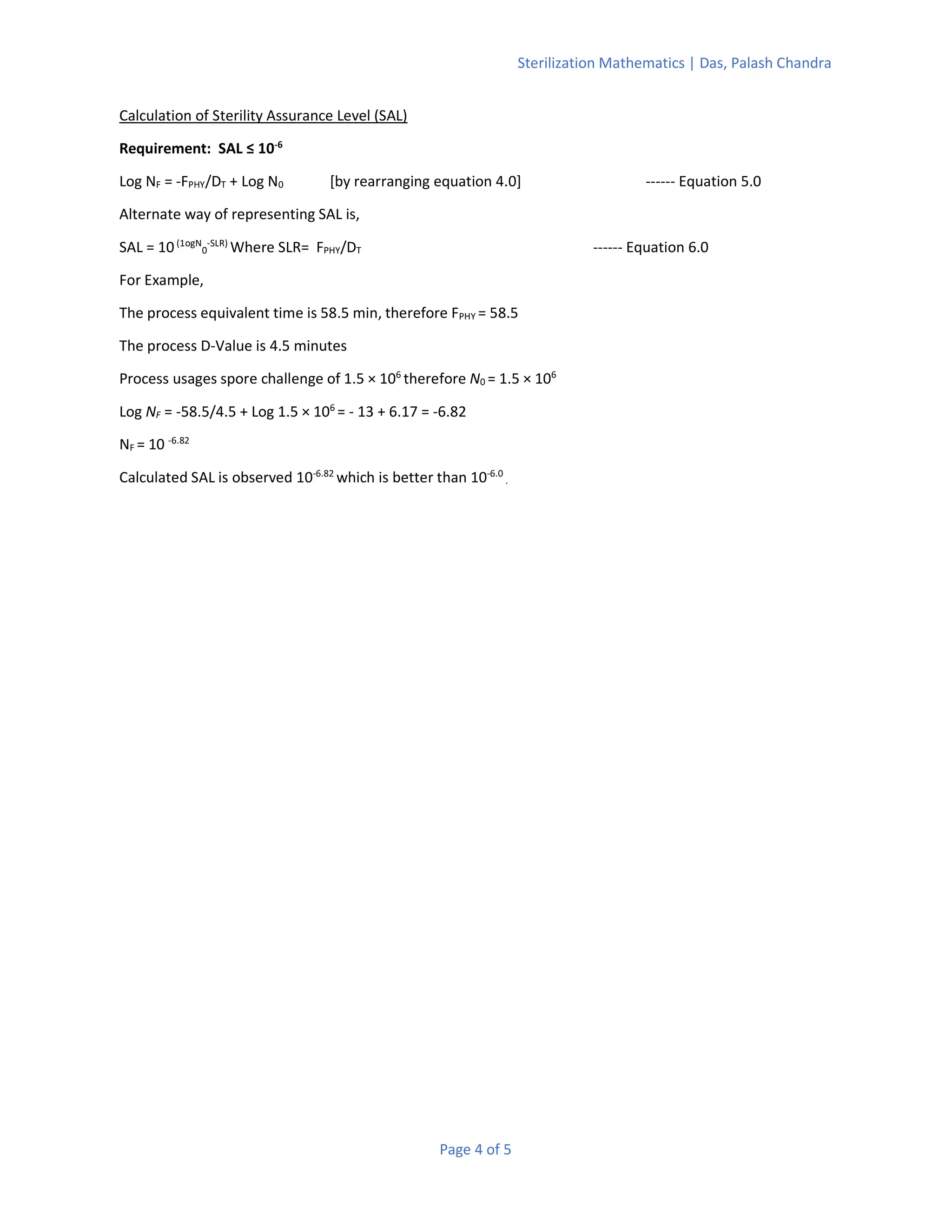Sterilization mathematics (F0. Fphy, Fbio, Sterility Assurance (SAL ...