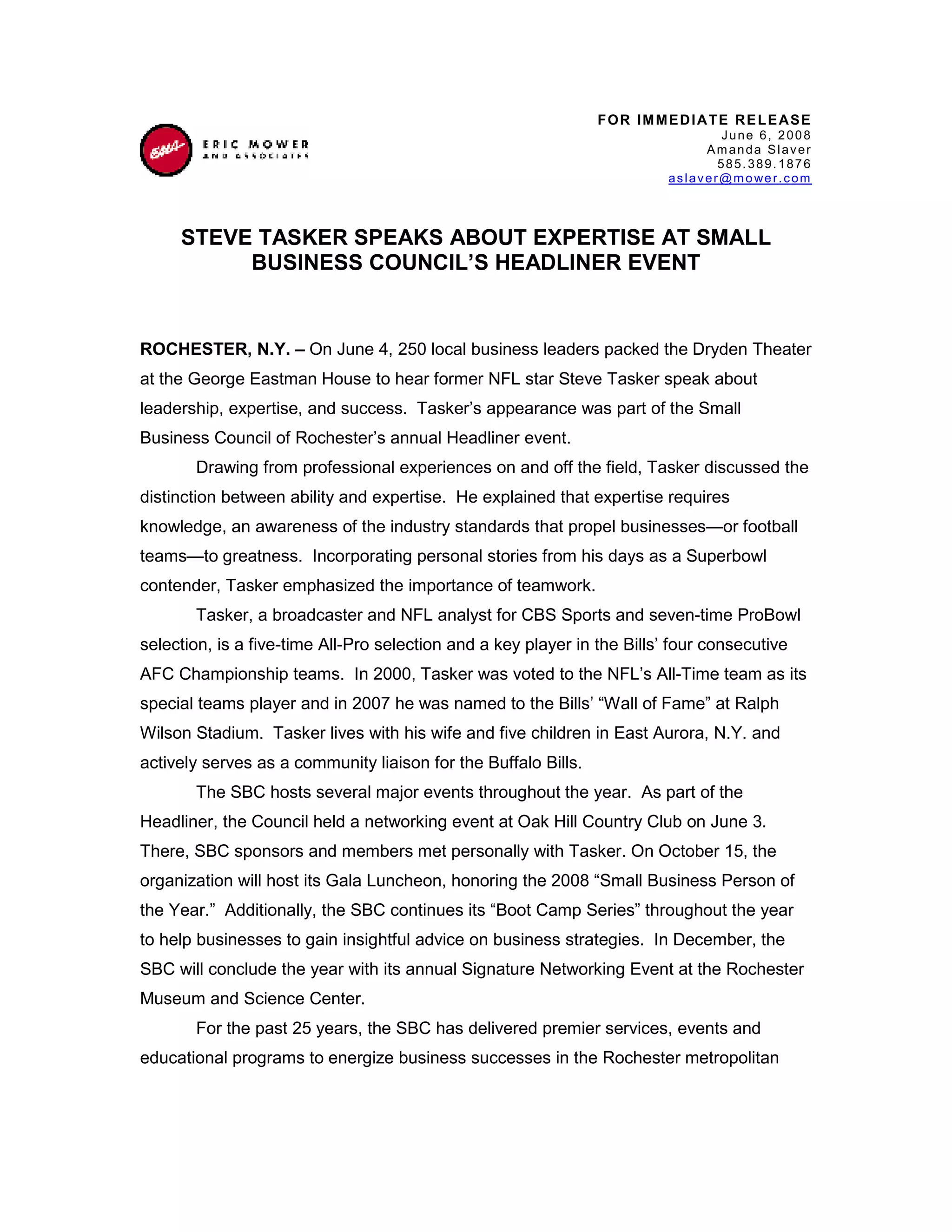 Steve Tasker Sbc Press Release | PDF