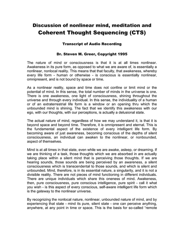 Steven Greer - CE5-CSETI - 21. Coherent Thought Sequencing Transcript | PDF