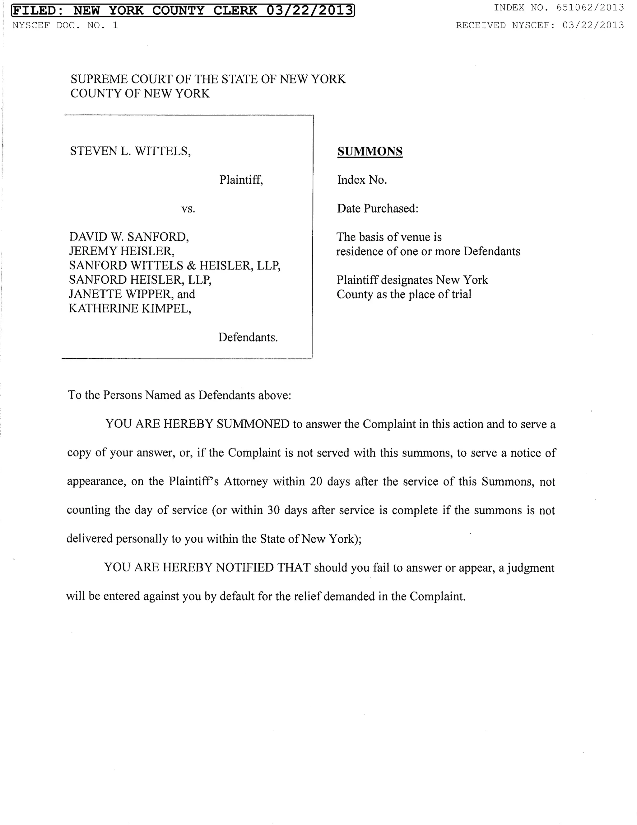 Steven Wittels v. David Sanford and Jeremy Heisler - Lawsuit complaint ...