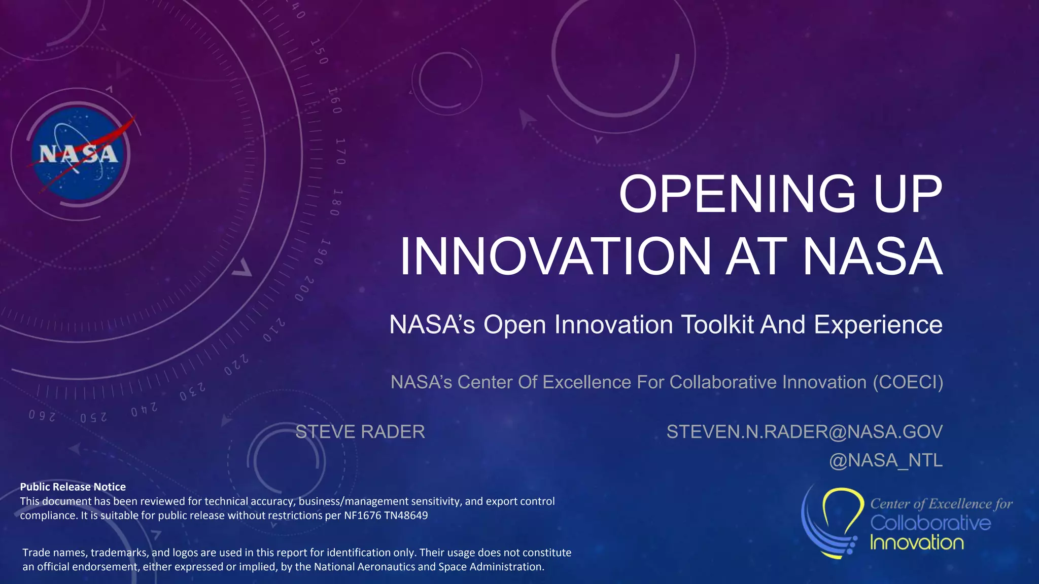 Opening Up Innovation at NASA (NASA's Open Innovation Toolkit and ...