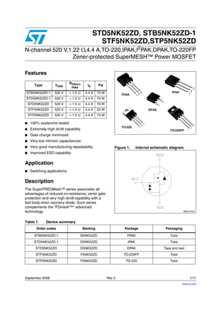 Original MOSFET N-CHANNEL STF5NK52ZD 5NK52ZD 5NK52 5A 520V New | PDF