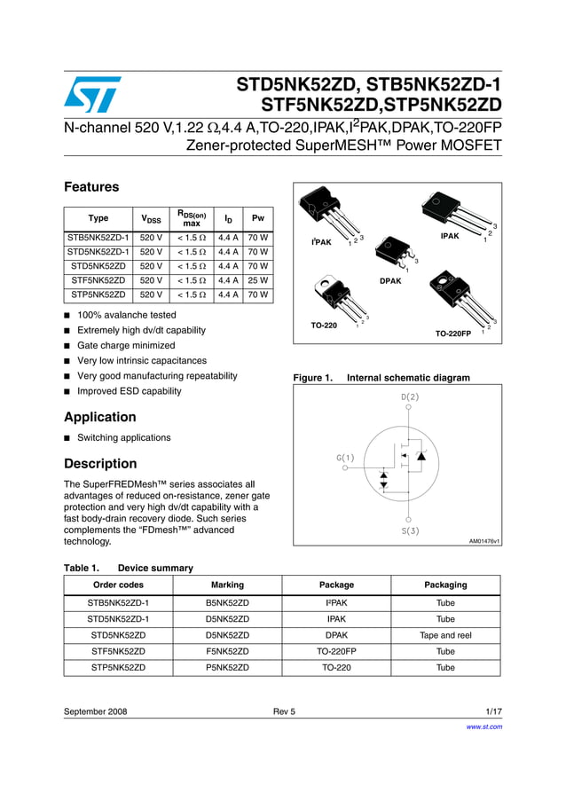 Original MOSFET N-CHANNEL STF5NK52ZD 5NK52ZD 5NK52 5A 520V New | PDF ...