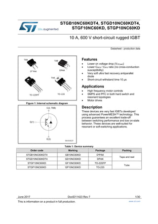 Original N-CHANNEL IGBT GB10NC60KD STGB10NC60KDT4 10A 600V TO-263 New STMicroelectronics | PDF