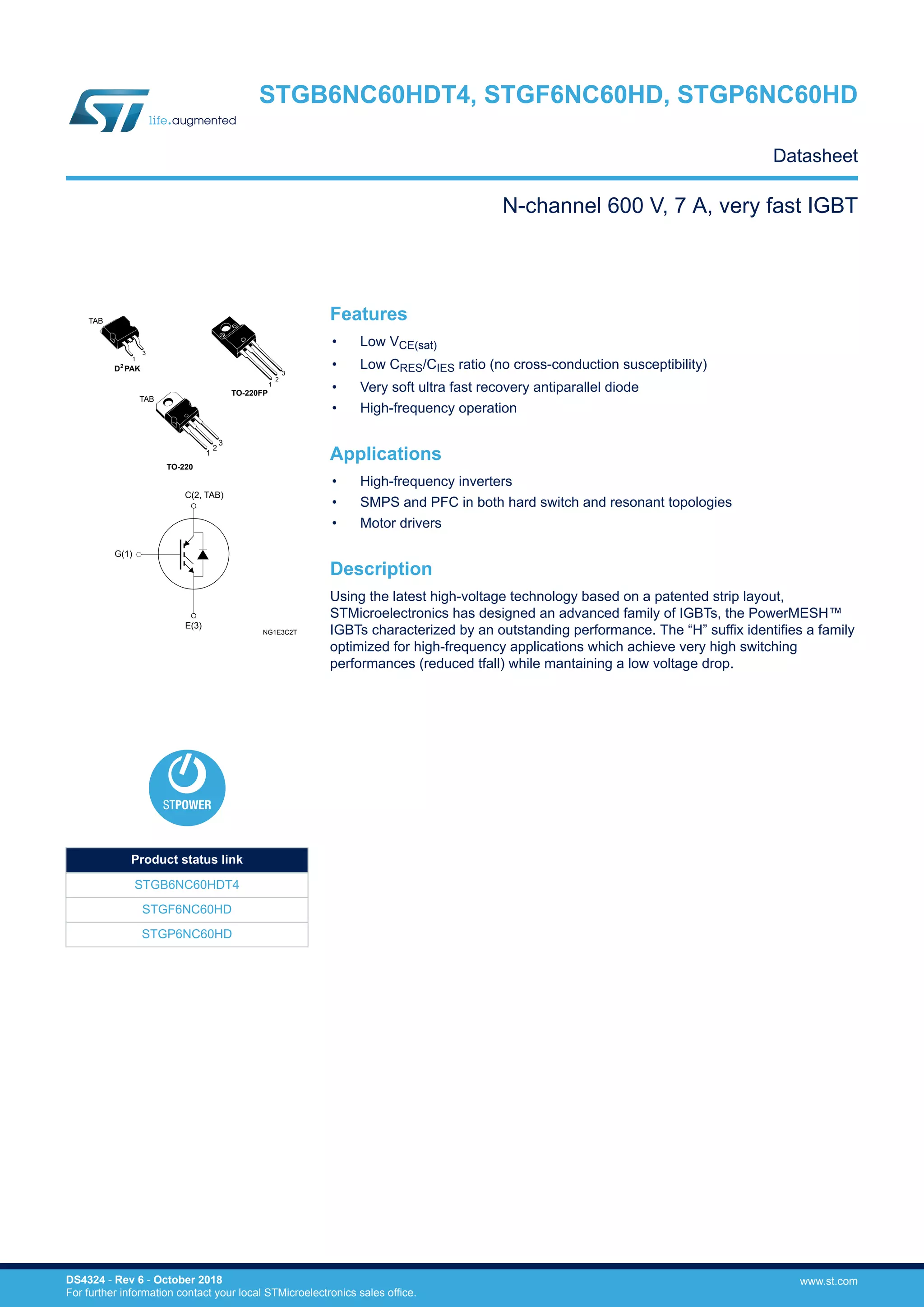 Original IGBT STGP6NC60HD 6N60 600V 15A TO-220 New STMicroelectronics | PDF